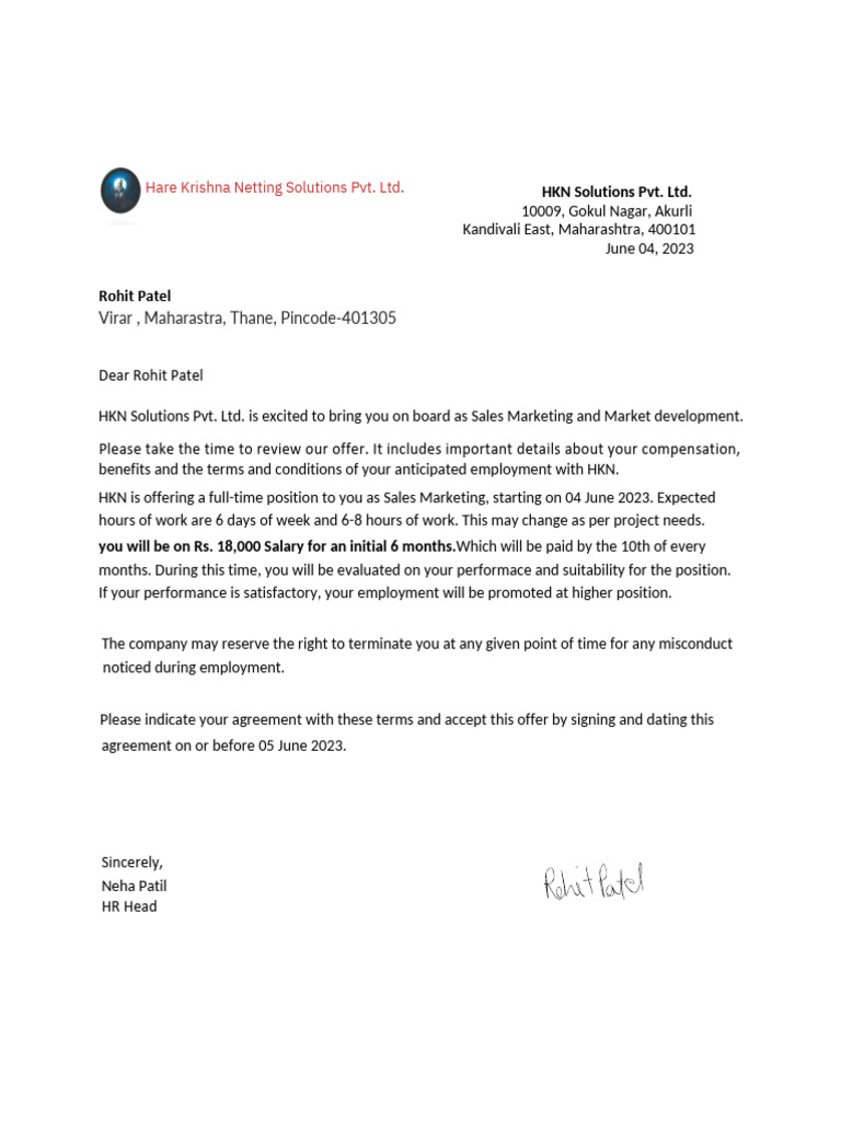 Offer Letter Hare Krishna Netting PDF | PDF