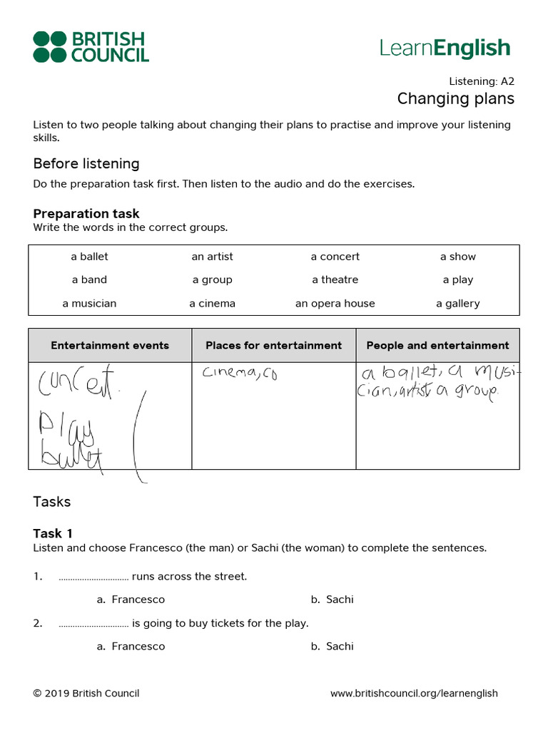 Changing Plans (Handout, Answer Key and Transcritp) | PDF | Performing ...