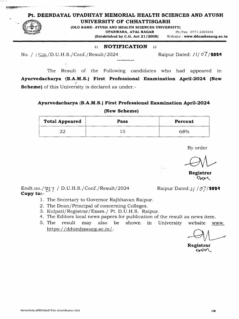 Result of Ayurvedachary Bams First Prof Exam April 2024 New Scheme | PDF