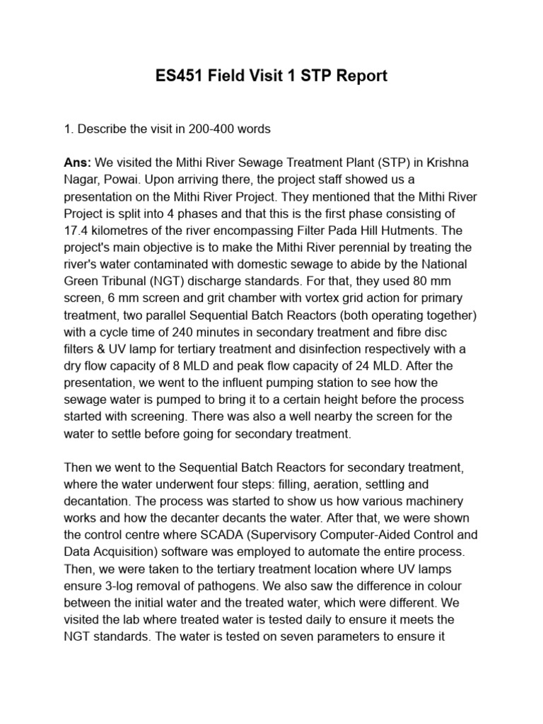 20d180037 ES451 FieldVisit1 STP Report Tharun | PDF | Sewage Treatment | Pollution