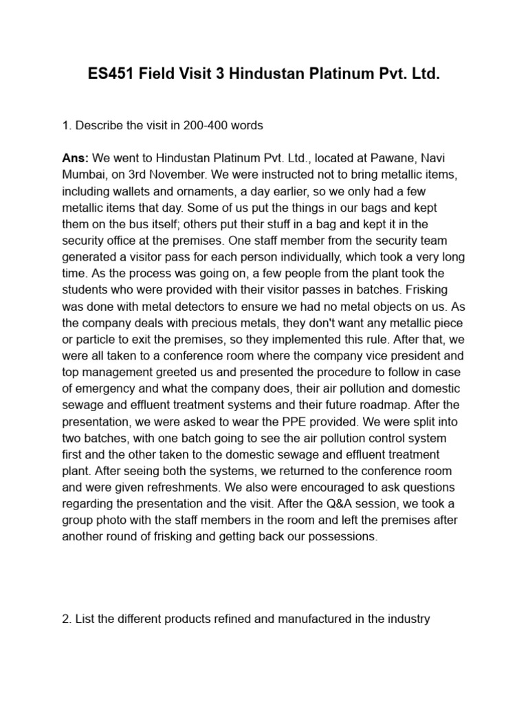 20d180037 ES451 FieldVisit3 Hindustan Platinum Report Tharun | PDF | Sewage Treatment | Metals