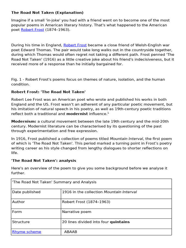Analysis of Frost's "The Road Not Taken" | PDF | Poetry