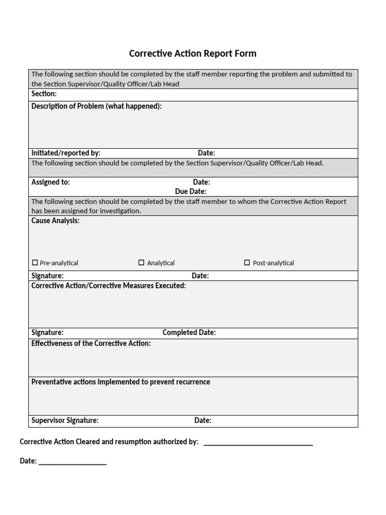 Lab Corrective Action Report Form | PDF