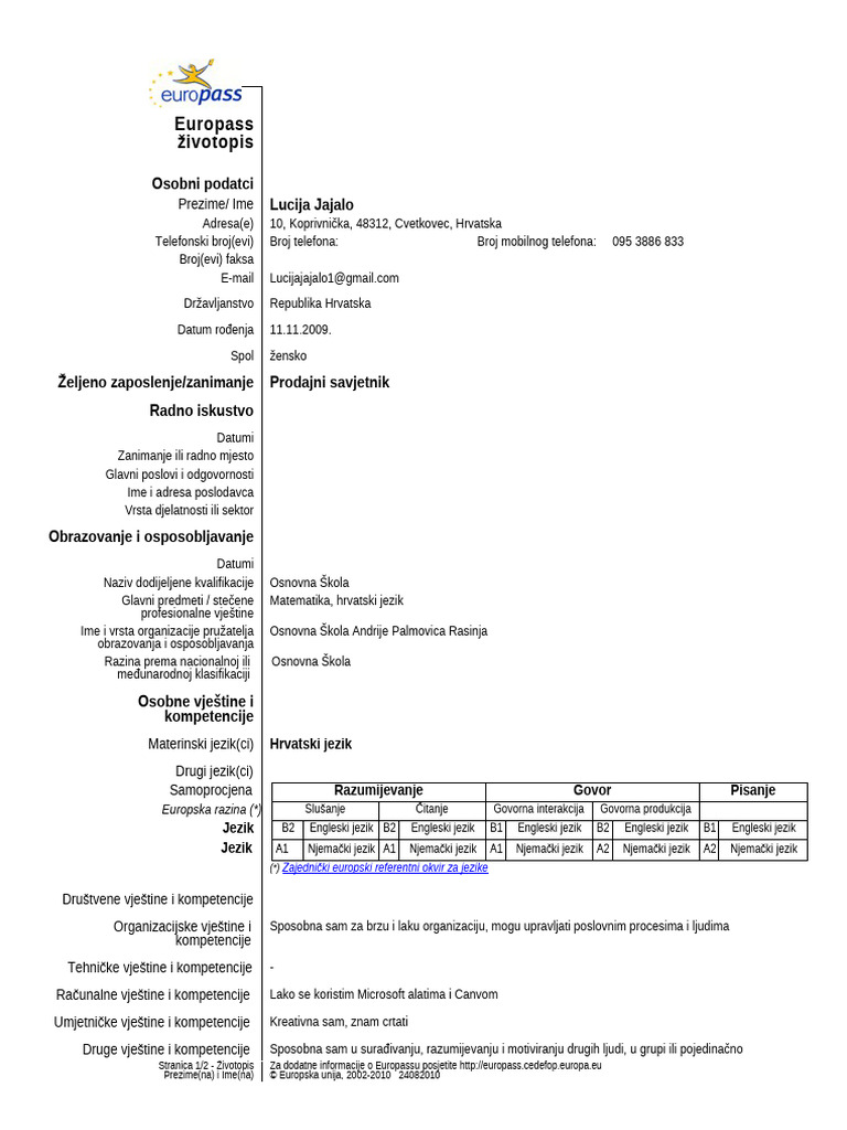 Europass Zivotopis Obrazac (3) (1) | PDF