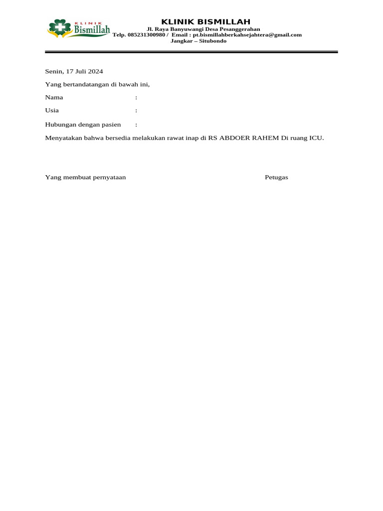 Surat Pernyatan Ranap Di IGD | PDF