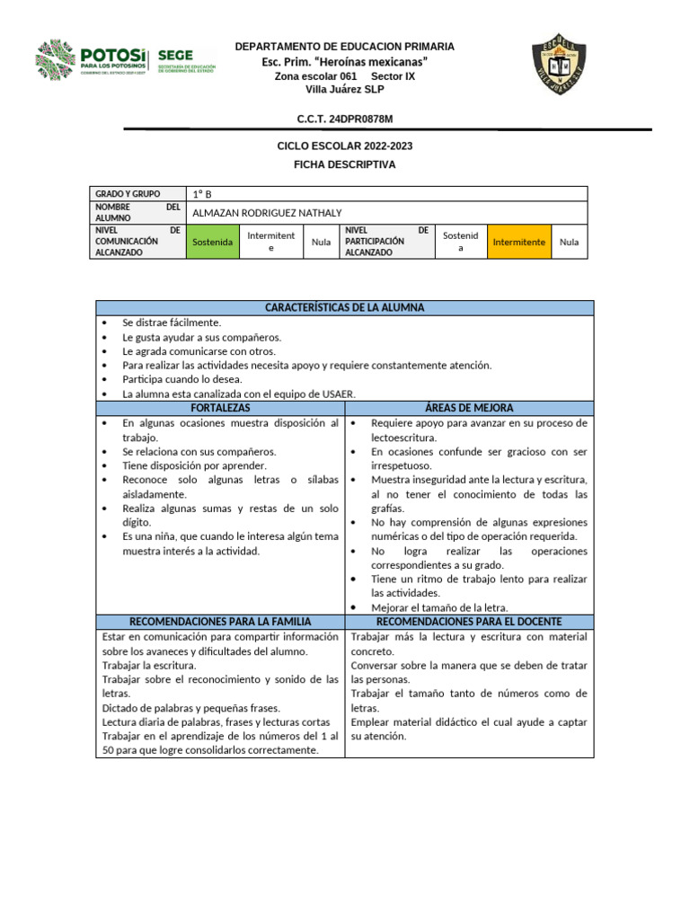 Fichas Descriptivas 1B Zoe | PDF | Educación primaria | Escritura