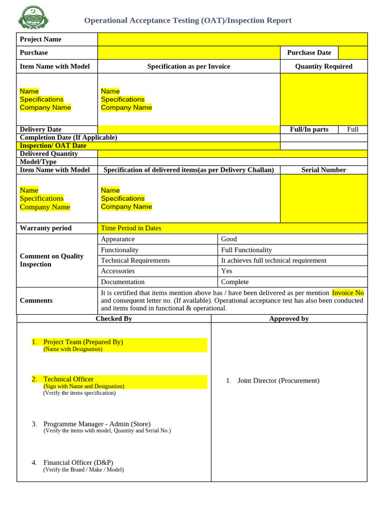 Operational Acceptance Testing (OAT) Inspection Report | PDF