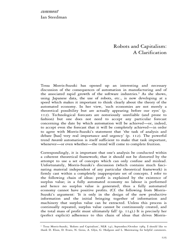 Ian Steedman, Robots and Capitalism Comment , NLR I 151, May June 1985 ...