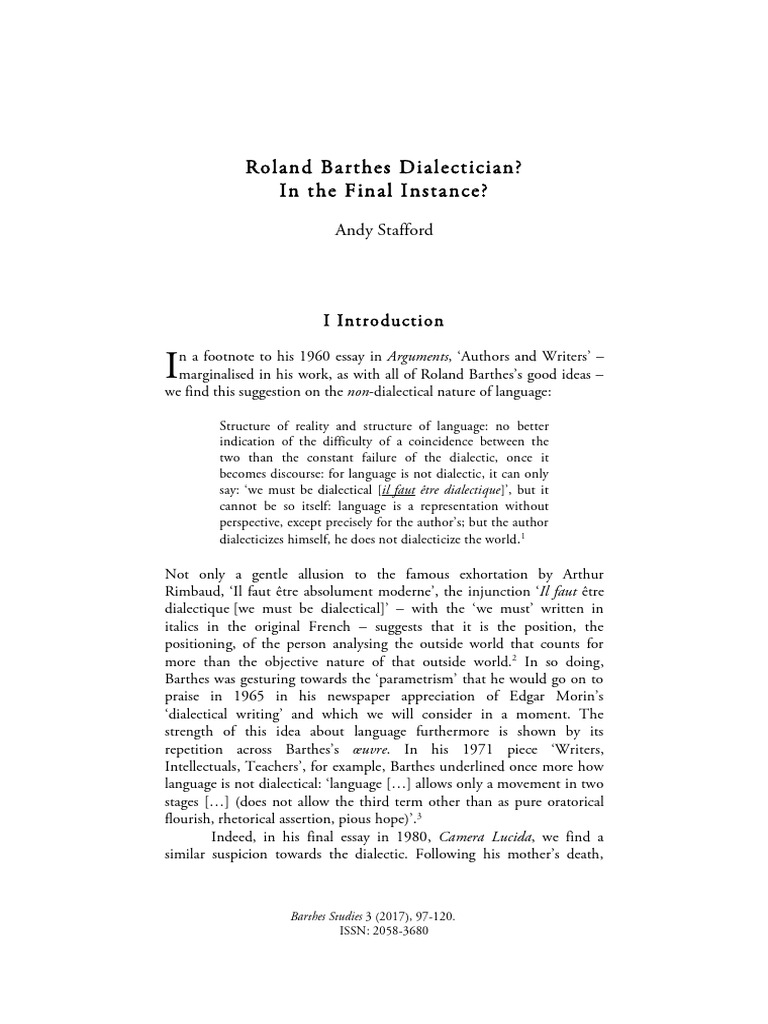 STAFFORD Roland Barthes Dialectician | PDF | Marxism | Dialectic