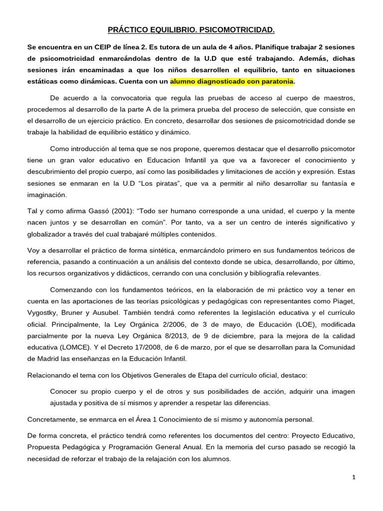Caso Práctico Equilibrio Paratonia | PDF | Educación primaria | Evaluación