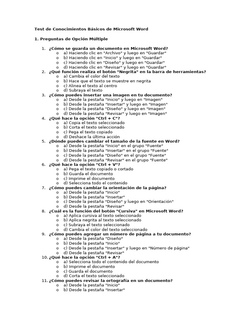 Test de Conocimientos Básicos de Microsoft Word | PDF | Informática ...
