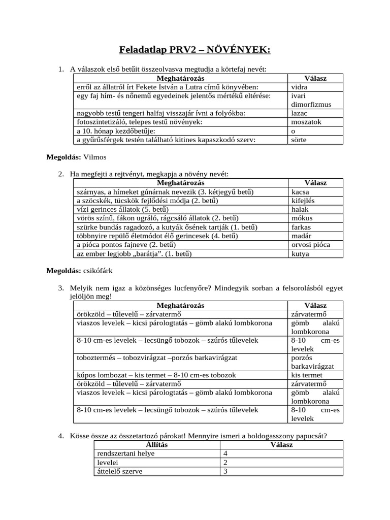 Feladatlap PRV2-növények | PDF