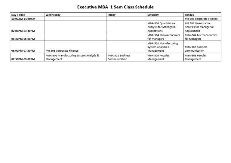 EMBA 1 Sem. Class Schedule MES | PDF | Money | Trade