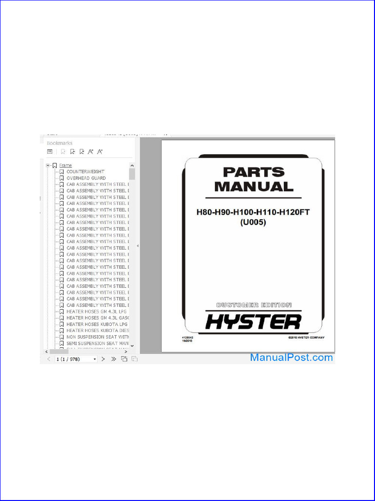 Hyster Forklift Truck U005 h80 h90 h100 h110 h120ft Parts Manual 4128542 | PDF