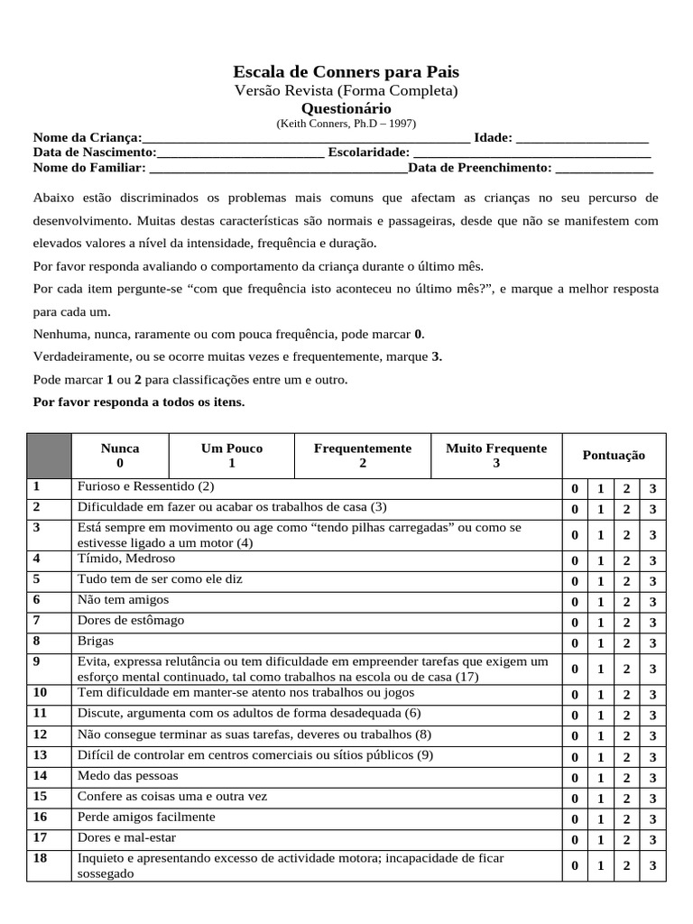Escala de Conners: Avaliação Comportamental Infantil | PDF