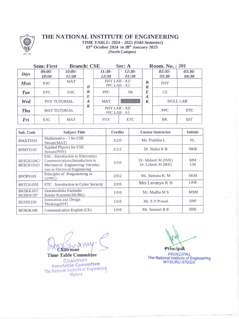 First - Year - Timetable - Odd - 2024 - 25 - North - Campus Timetable | PDF