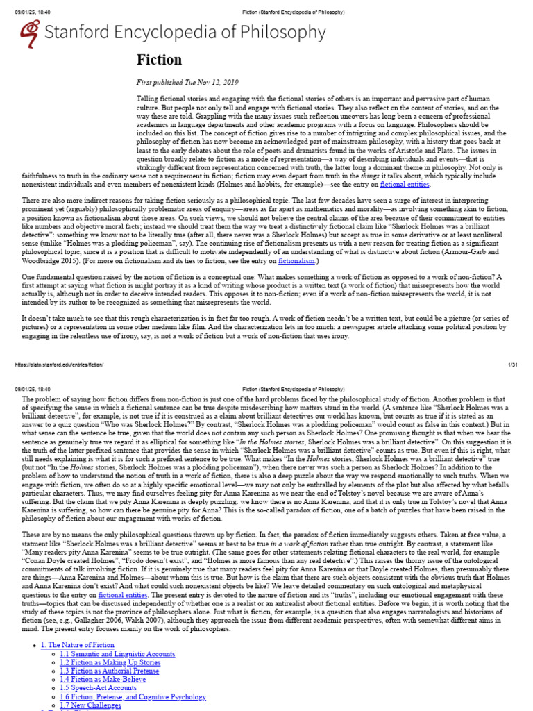 Fiction (Stanford Encyclopedia of Philosophy) | PDF | Truth | Semantics