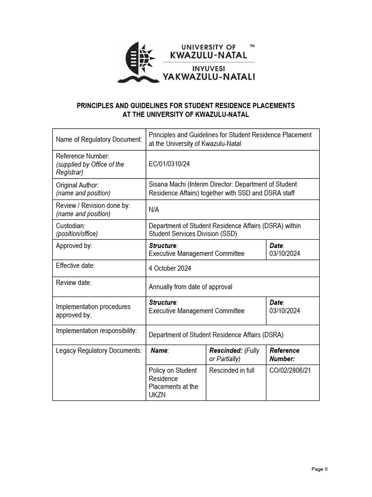 UKZN Student Residence Placement Guidelines | PDF | Postgraduate ...