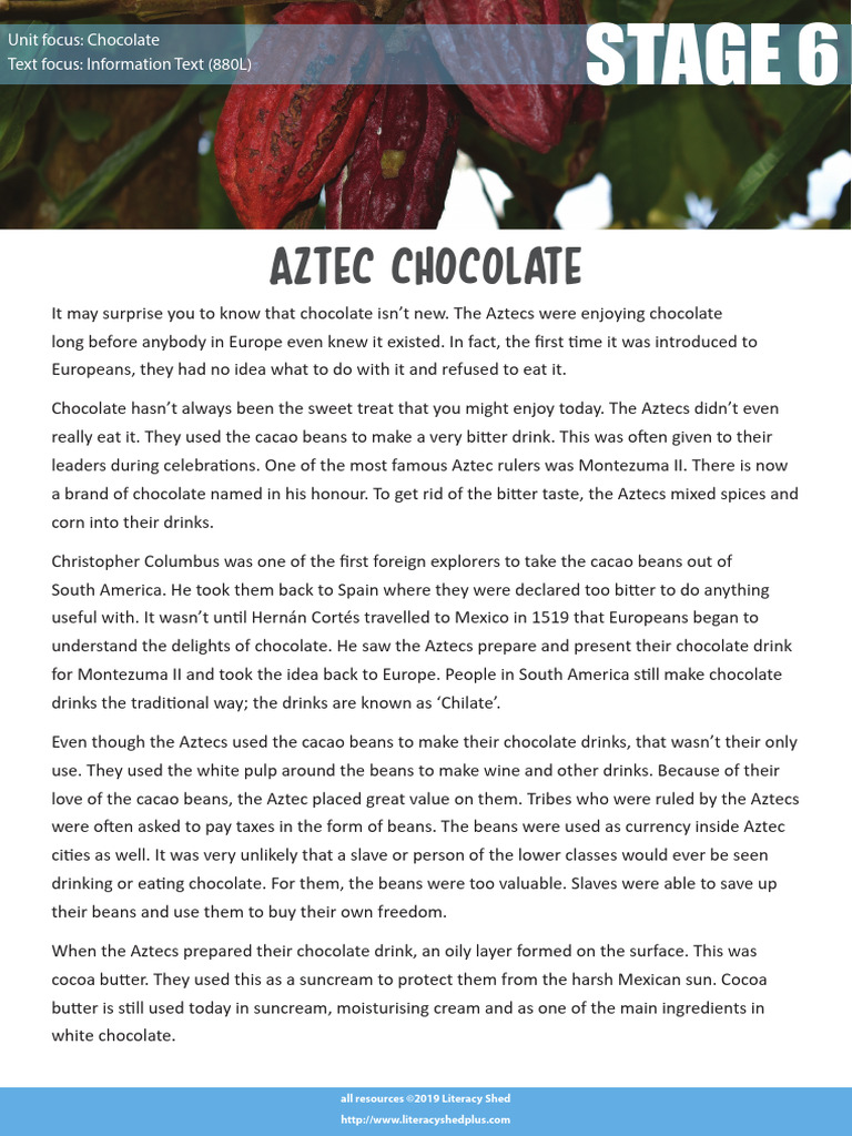 Aztec Chocolate Stage 6 Comp Comprehension Pack | PDF | Chocolate ...