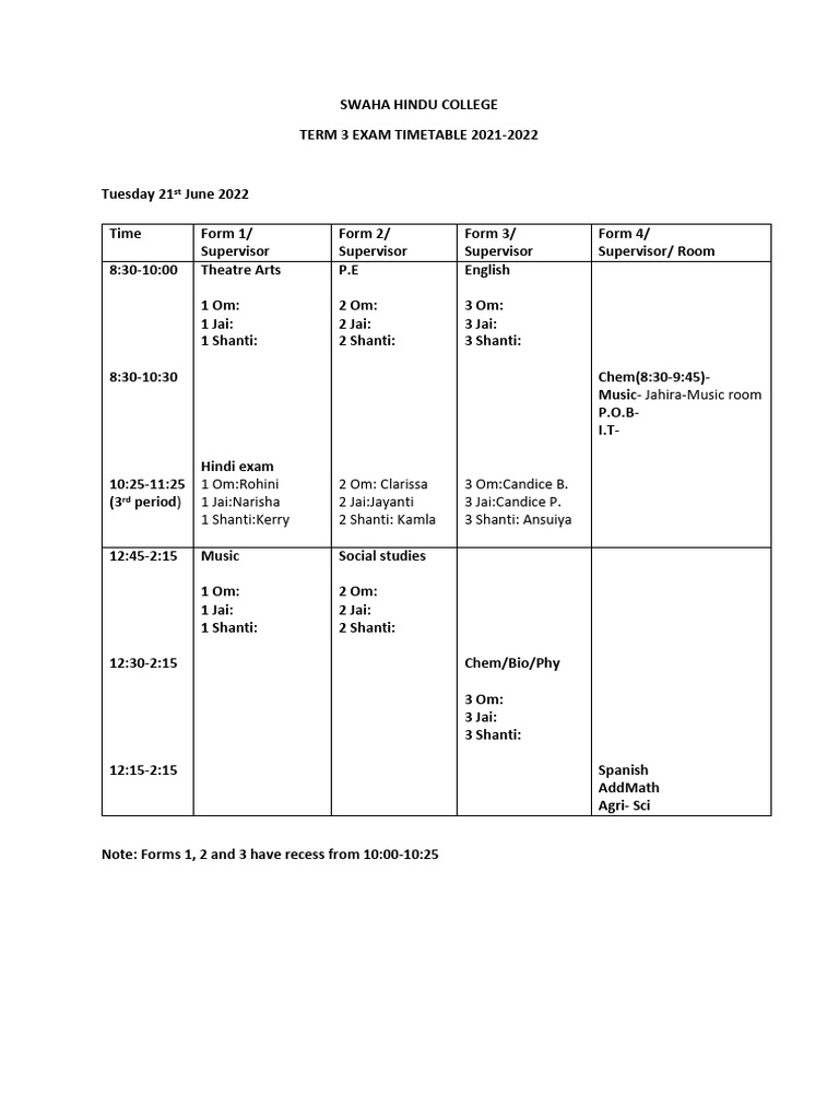 Term 3 Exam Timetable 2021-2022 | PDF