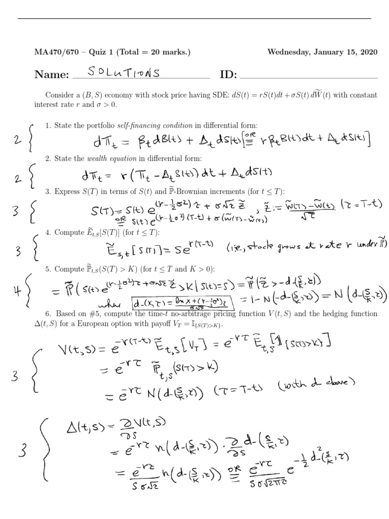 MA470W2020 Quiz1 Solutions PDF | PDF