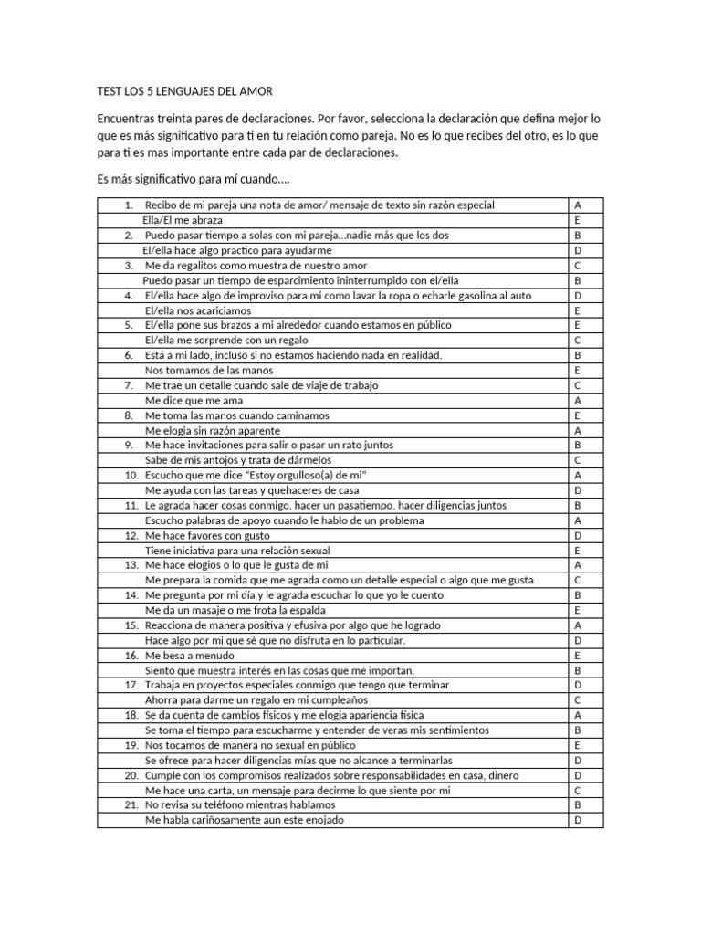 Test Los 5 Lenguajes Del Amor | PDF | Amor