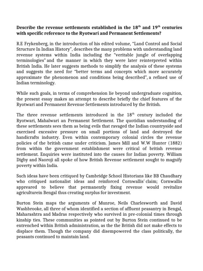 Revenue Settlements - Ryotwari and Permanent Settlement-1 2 | PDF