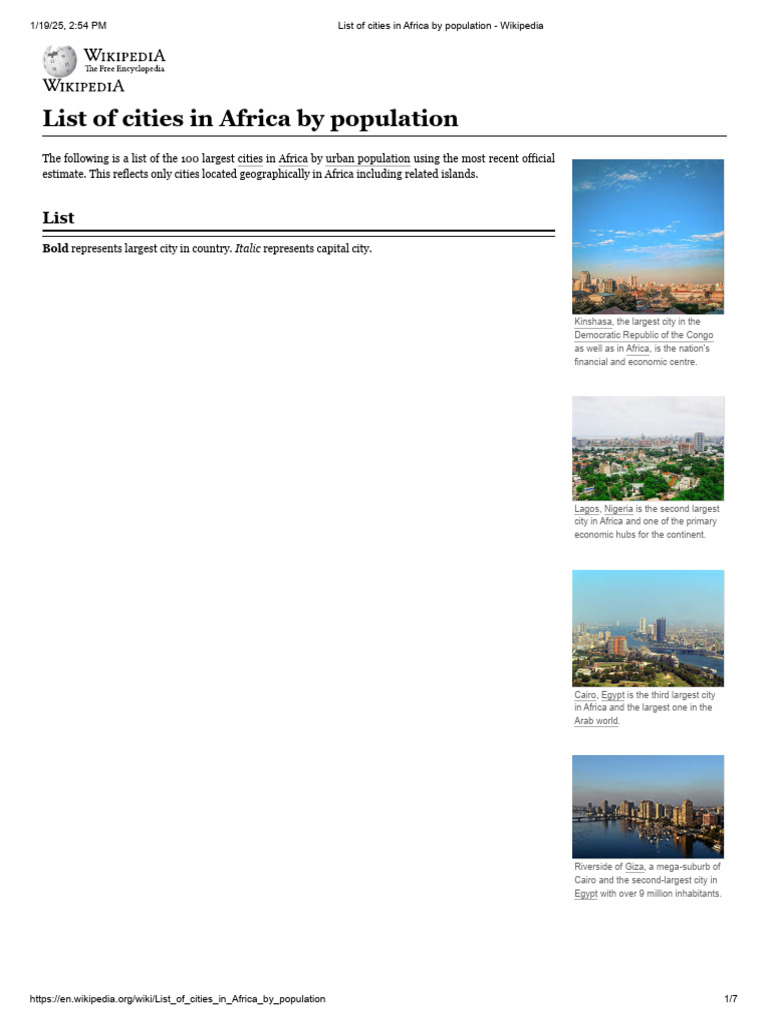 List of Cities in Africa by Population - Wikipedia | PDF | Africa | Angola