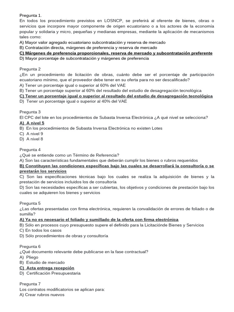 Banco de preguntas sercop 2023 | PDF | Subasta | Outsourcing