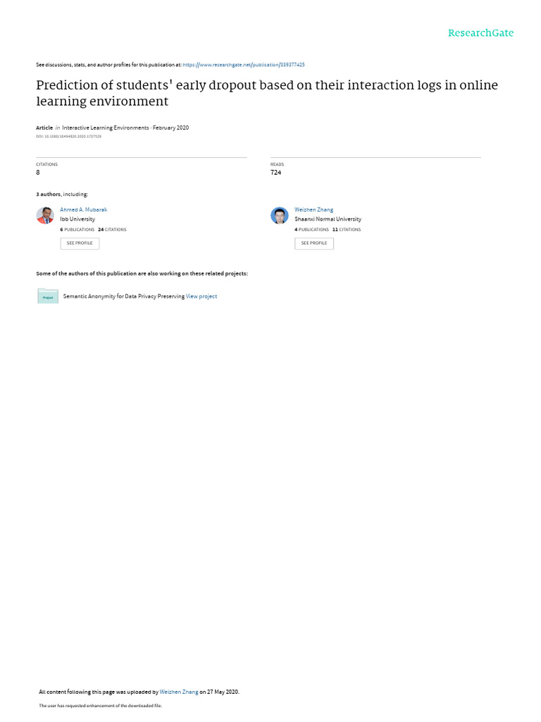 Prediction of Students' Early Dropout Based On Their Interaction Logs in Online Learning ...