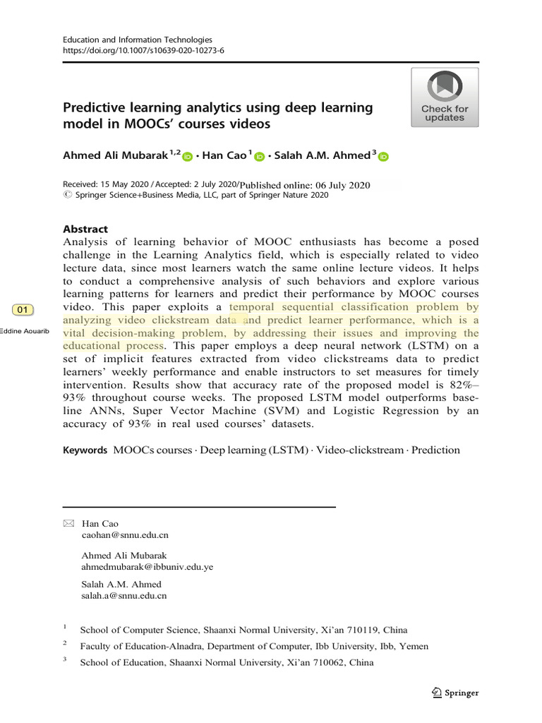 Predictive Learning Analytics Using Deep Learning Model in MOOCs ...