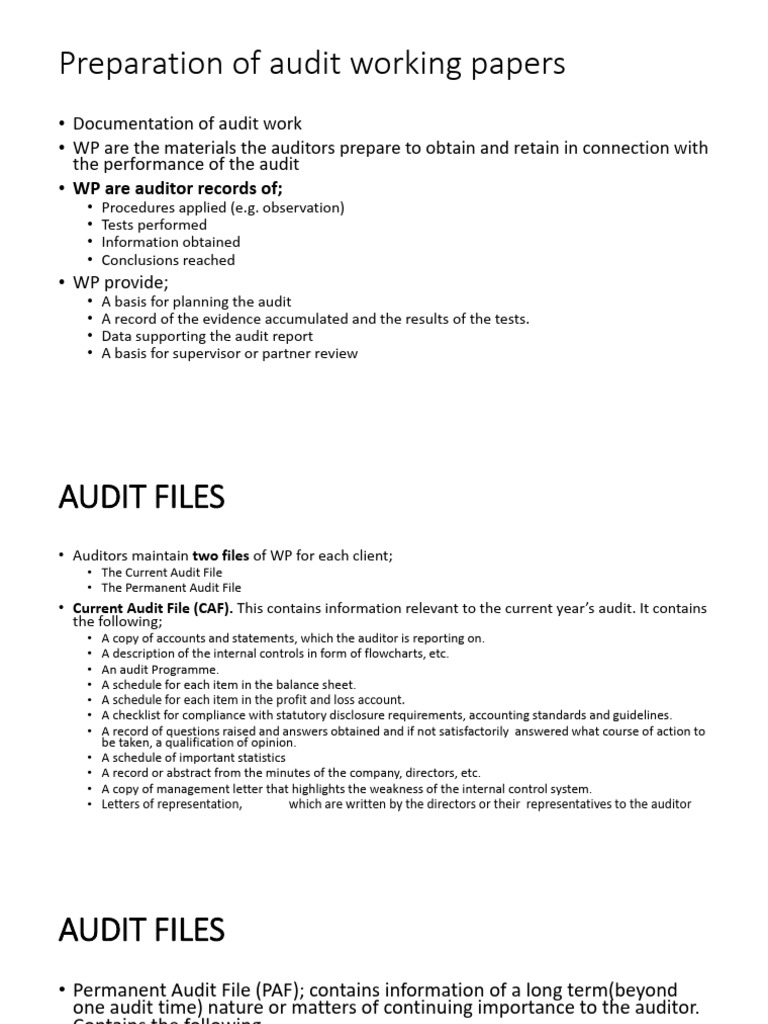 Preparation of audit working papers= Internal control systems | PDF ...