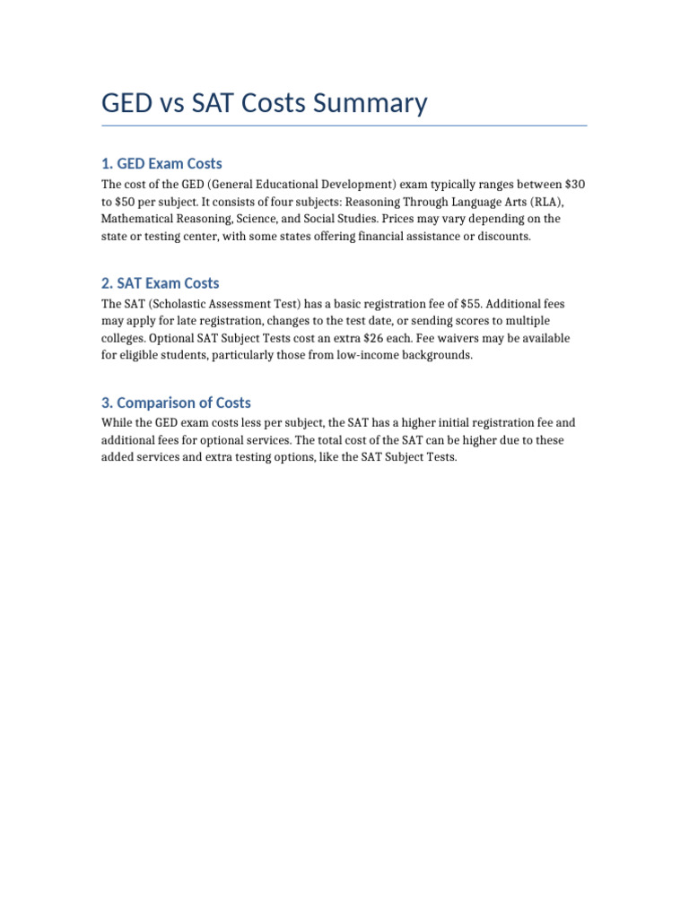 GED vs SAT Costs Revised Summary | PDF