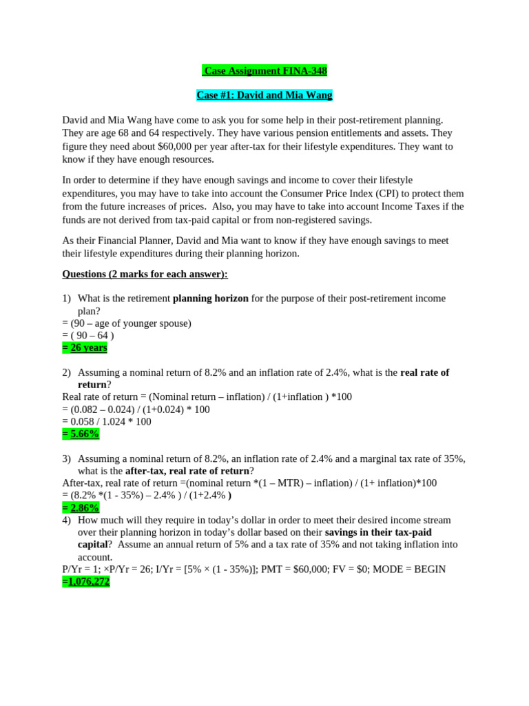 Retirement Case Assignment | PDF | Inflation | Retirement