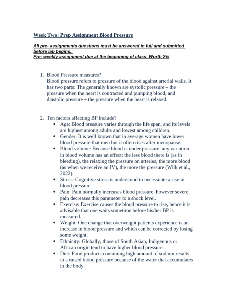 Blood Pressure - Week 2 Preassignment Dilpreet Singh | PDF | Blood ...