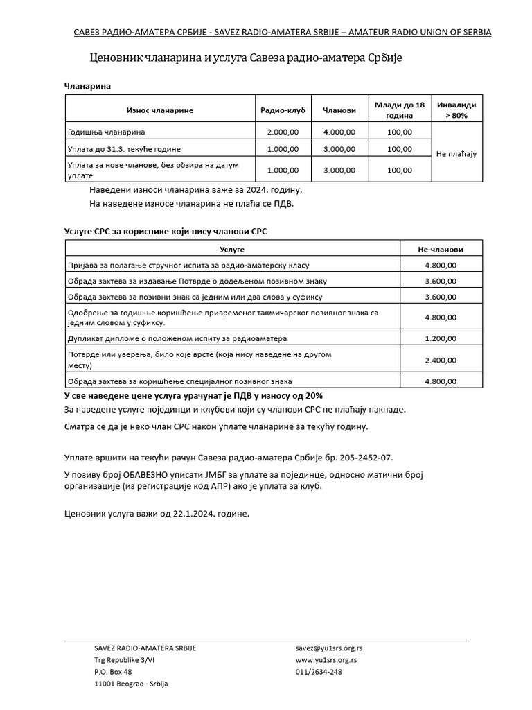 Cenovnik SRS 22 01 2024 | PDF