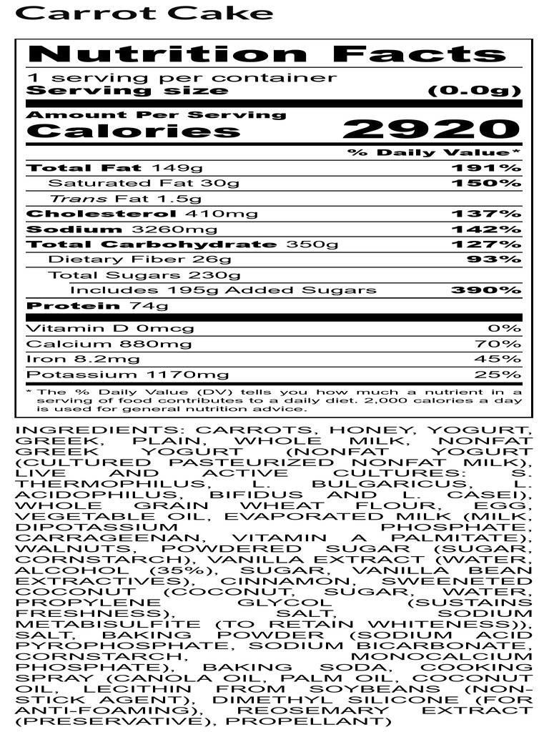 Carrot Cake - Nutrition Label | PDF