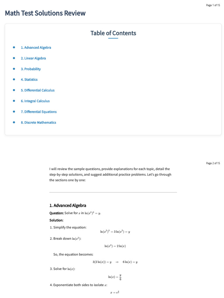 Math Test Solution | PDF | Logarithm | Matrix (Mathematics)