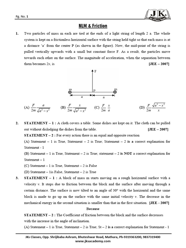 NLM & Friction - Jee Adv. 2007-2023 | PDF | Force | Friction