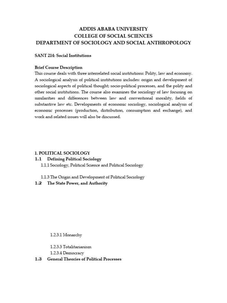 Handout - AAU Social Institutions II | PDF | State (Polity) | Sociology