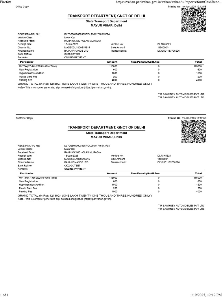 Delhi Vehicle Registration Receipt | PDF | Receipt | Motor Vehicle