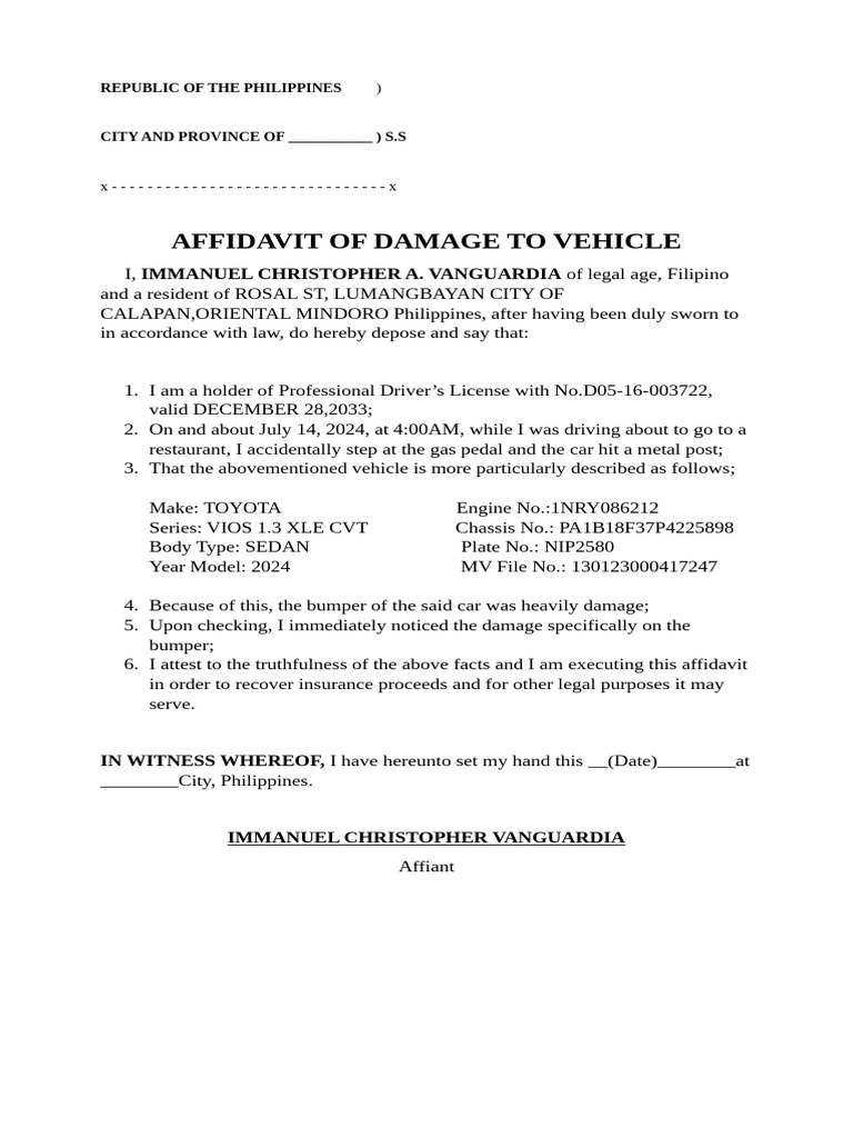 Affidavit of Damage To Vehicle | PDF