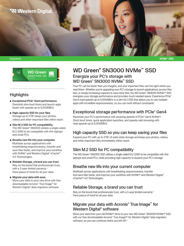 Data Sheet WD Green sn3000 Nvme SSD 202409 | PDF | Solid State Drive | Personal Computers