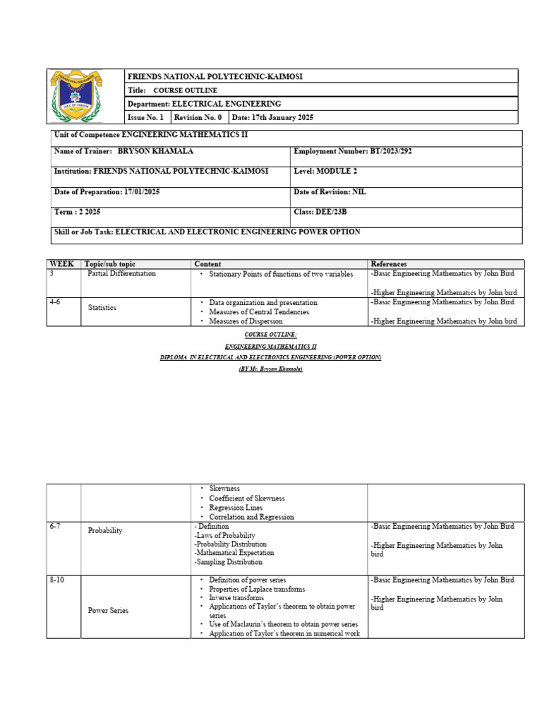Course Outline Module 2 Maths DEE | PDF | Mathematics | Power Series
