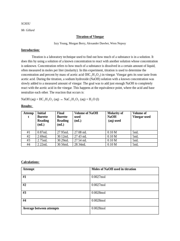Titration of Vinegar | PDF | Mole (Unit) | Titration