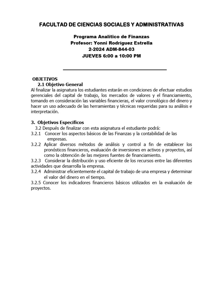 Programa de Finanzas 2024: Contenidos y Objetivos | PDF | Contabilidad ...
