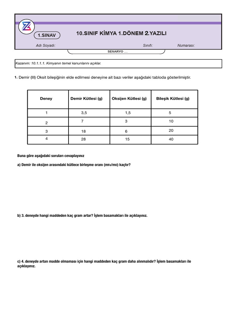 10.sinif-kimya-1.donem-2.yazili-sorulari | PDF