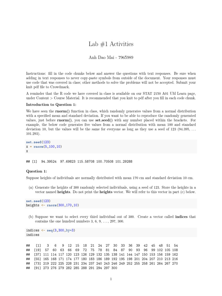 Lab 1 Activities | PDF | Normal Distribution | Statistical Theory