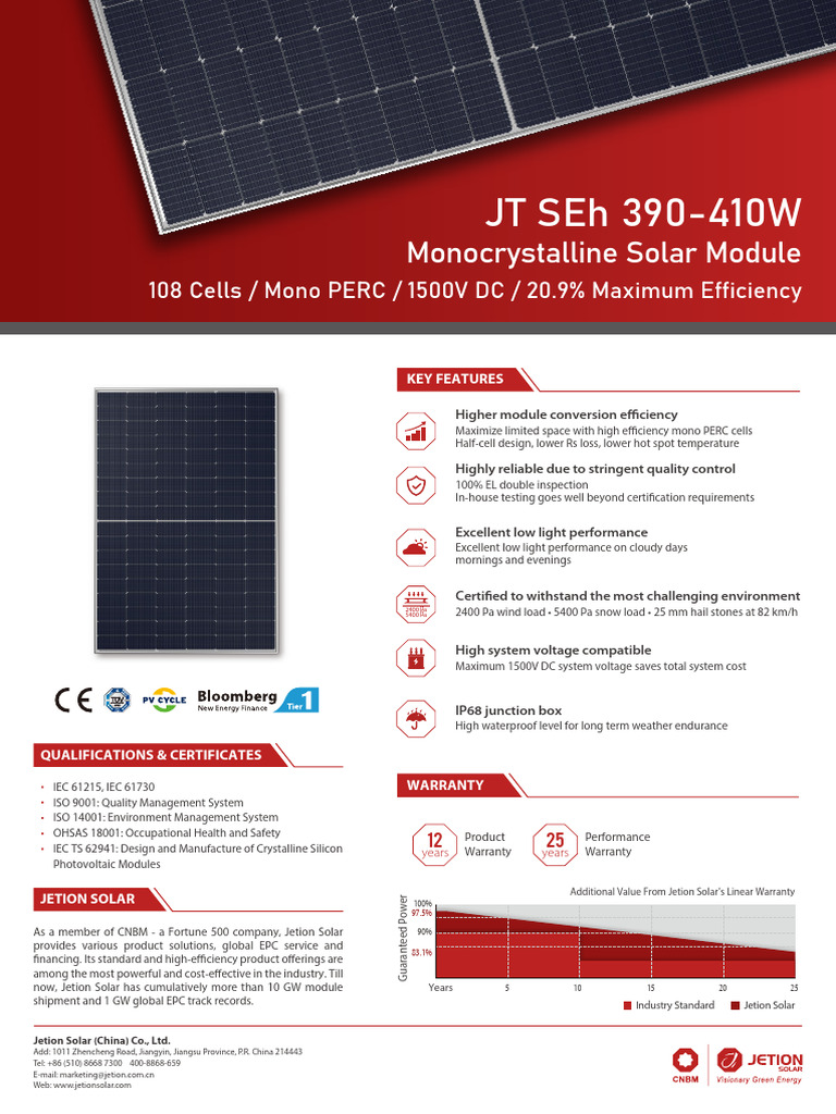 JETION JT SEh (390-410) | PDF | Solar Panel | Electrical Engineering