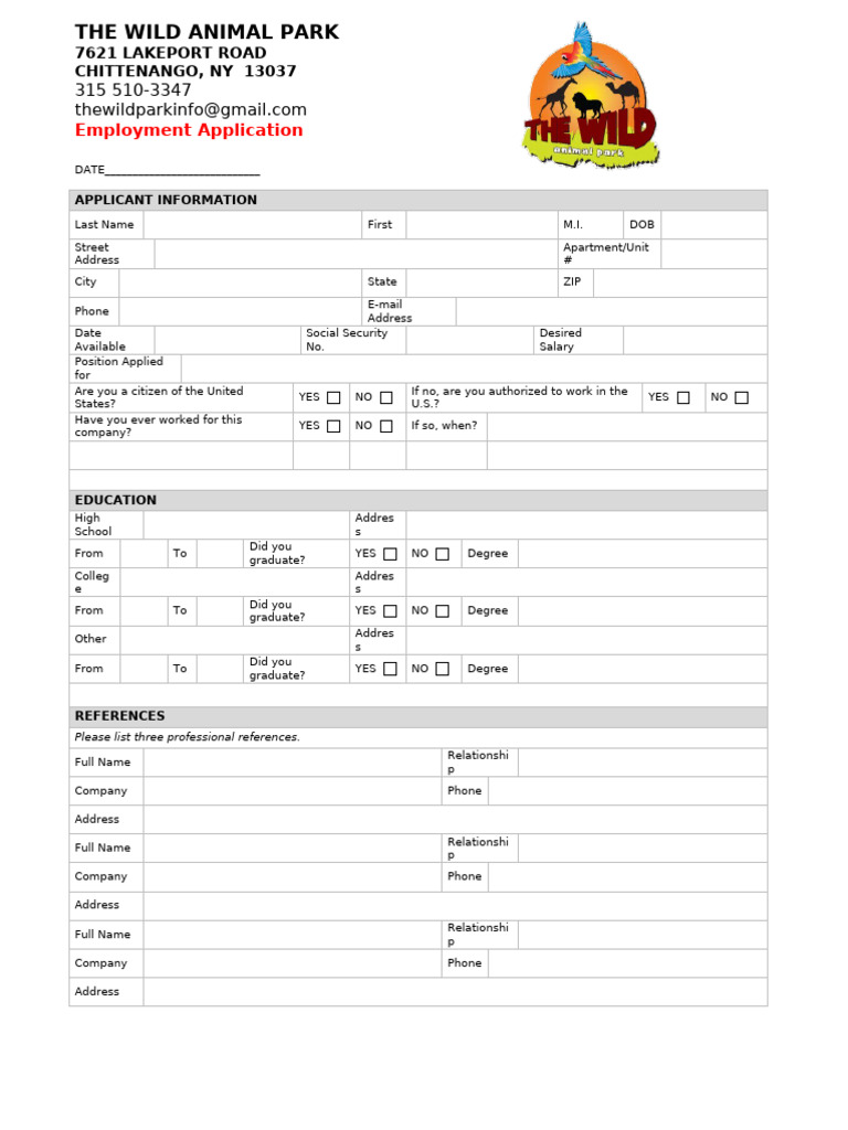 Wild Animal Park Employment Application | PDF
